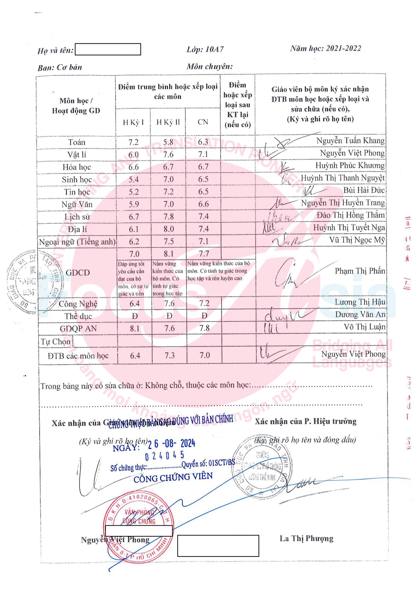 Notarized True Copy of Academic Transcript - Focus Asia Translation and ...
