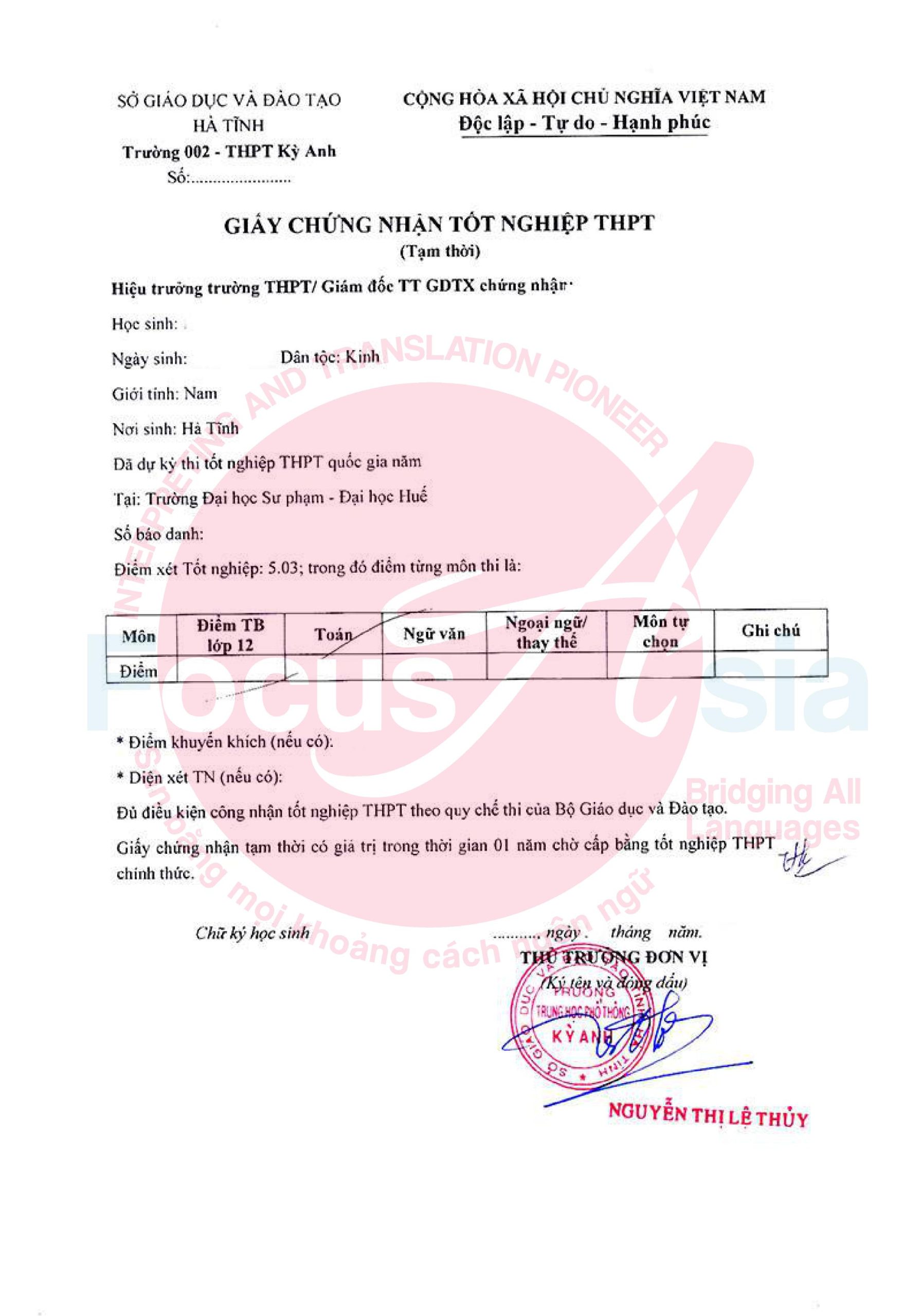 Notarized True Copy of Graduation Certificate - Focus Asia Translation and Interpretation in Vietnam