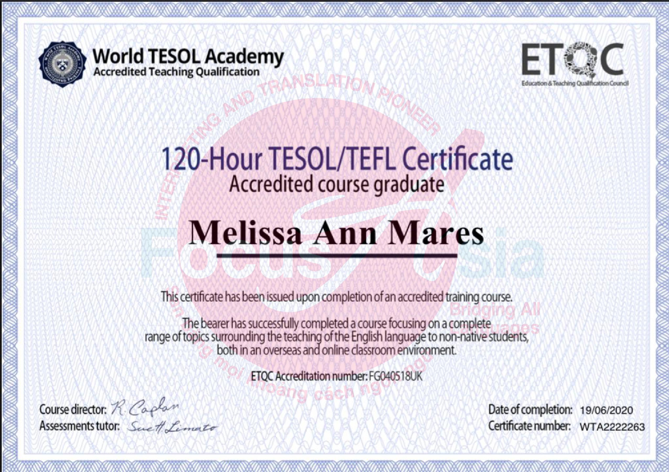 Translate and Notarize TESOL/TEFL Certificate - Focus Asia Translation ...